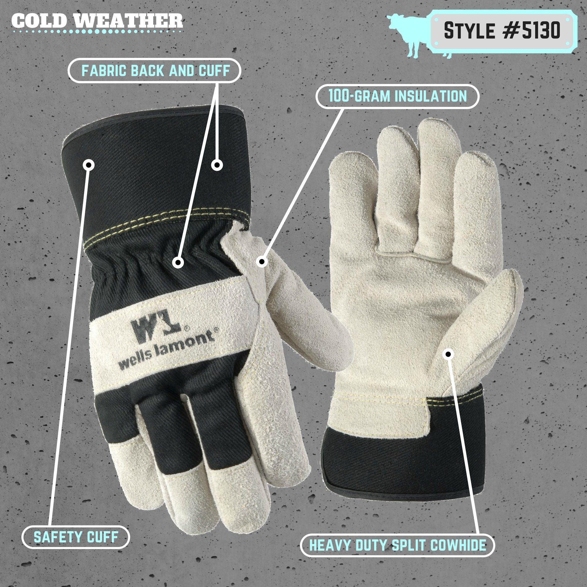 Wells Lamont Men's Heavy Duty Leather Palm Winter Work Gloves with Safety Cuff (Wells Lamont 5130L), Black, Large