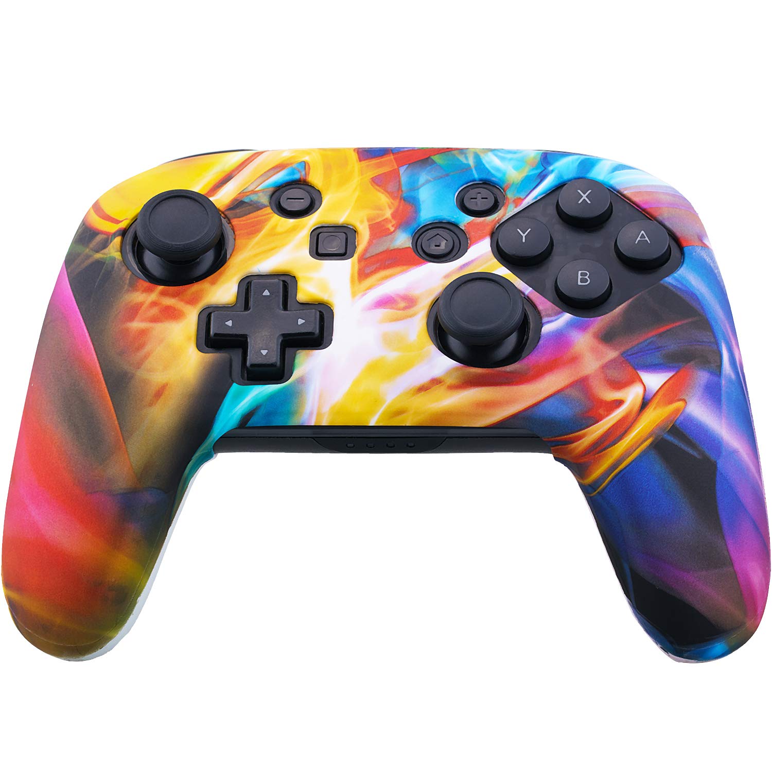 YoRHa Studded Silicone Transfer Print Cover Skin Case ONLY for Nitendo Official Switch Pro Controller x 1(Colourful Stream) with Pro Thumb Grips x 8