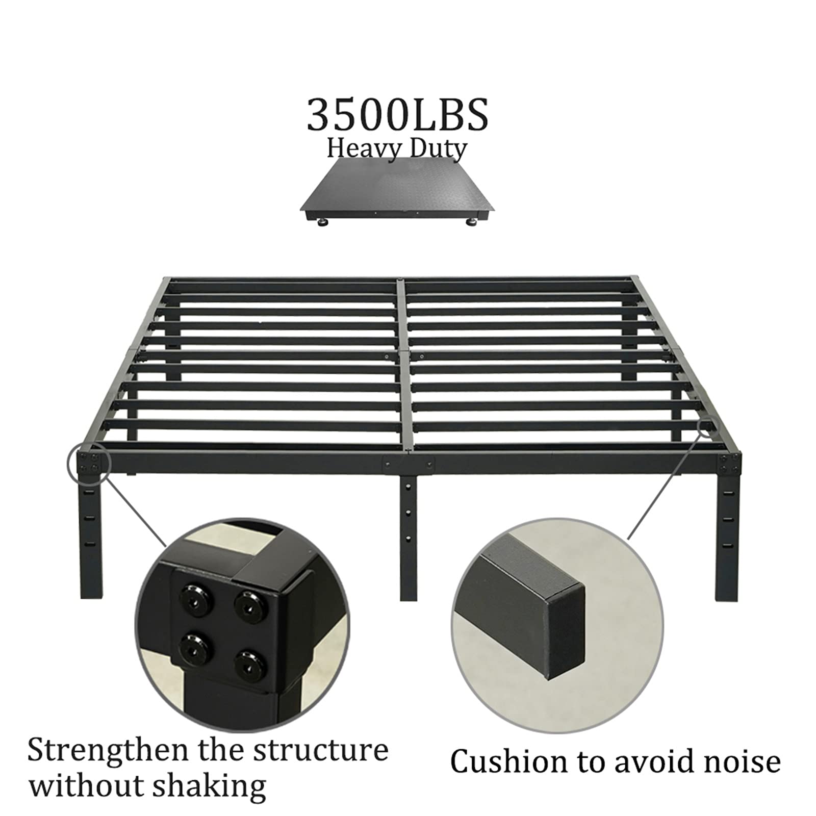 Wulanos Full Size Bed Frame 18 inch Tall, 3500lbs Heavy Duty Metal Platform with Steel Slats Support, No Box Spring Needed, 18-inch Bedframe with Ample Storage, Sturdy and Noise-Free, Black