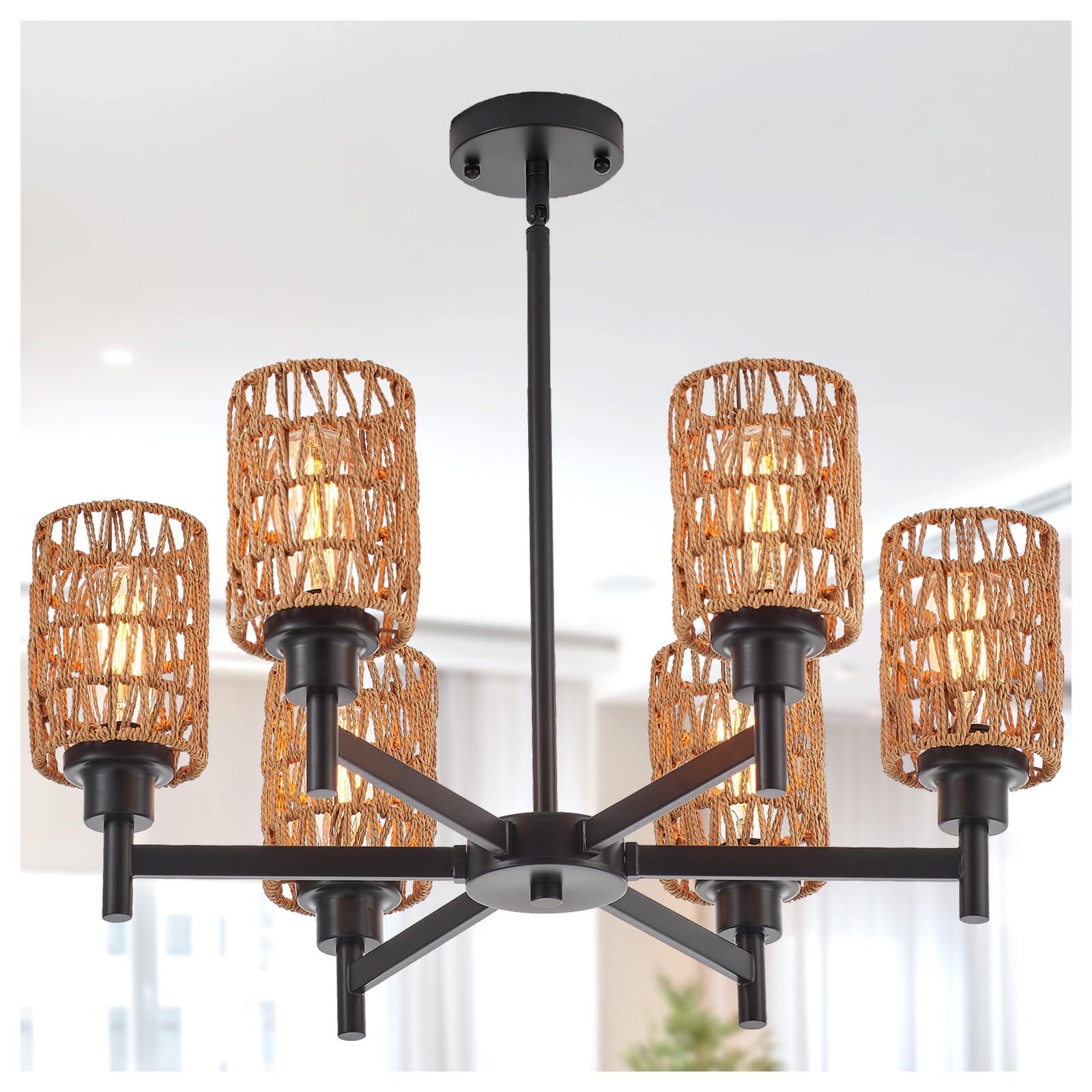 Widluth Black Chandelier Light Fixture Vintage 6-Lights Black Chandelier with Rattan Shade Industrial Boho 24.8" Hand Woven Bamboo Chandelier for Dining Room, Kitchen Island, Bedroom