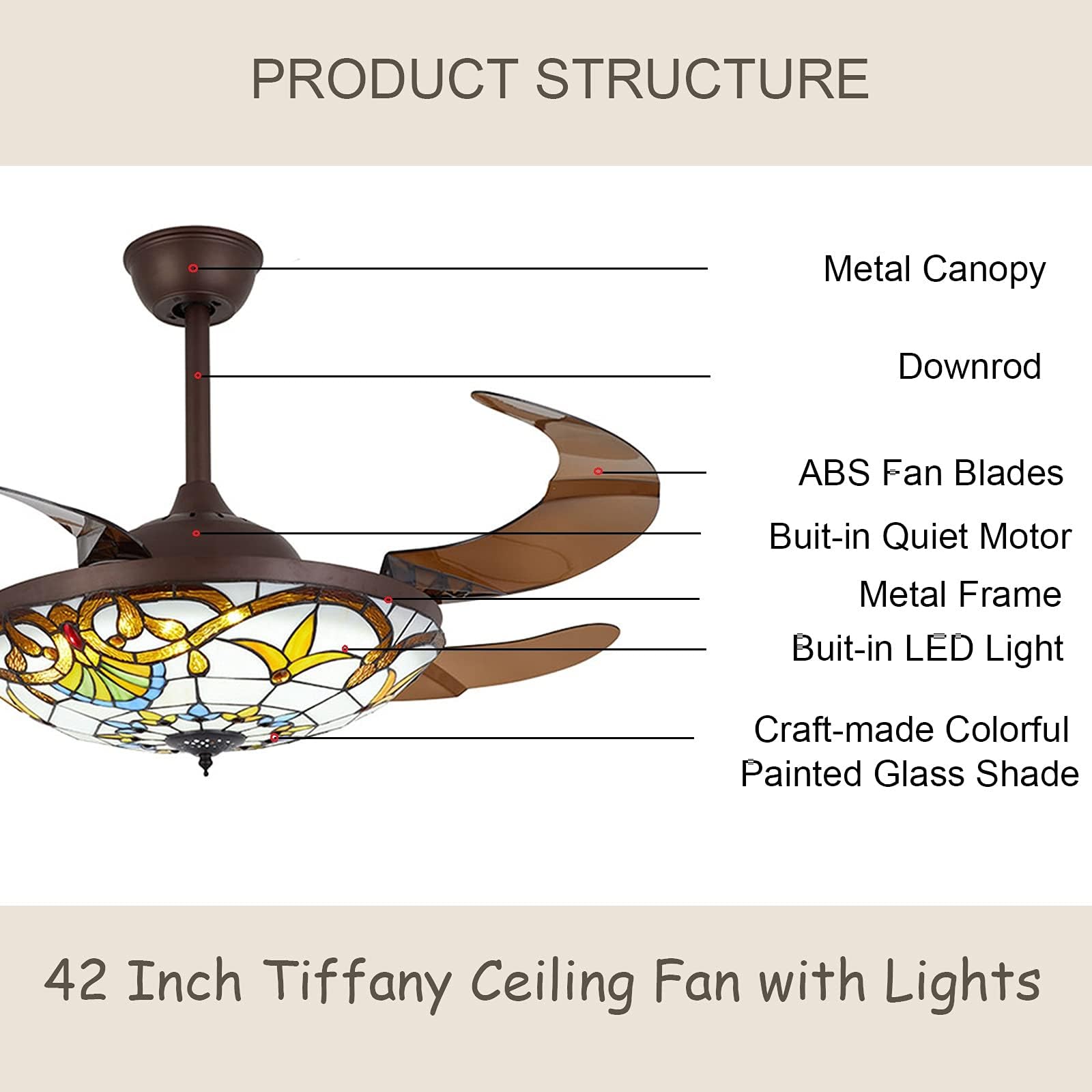 TFCFL 42 Inch Tiffany Style Invisible Ceiling Fan with Lights and Remote Control,Retractable Blades 3 Speeds 3 Light Changes Fandelier Chandelier Fan,Quiet Motor,Indoor Ceiling Lighting Fixture