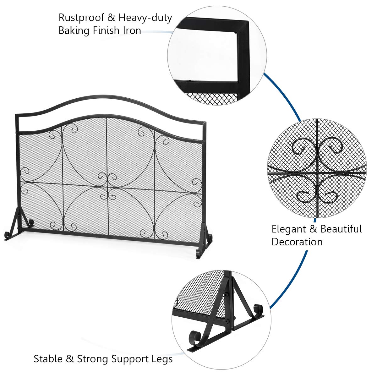 Tangkula 44.5β X 33β Inch Fireplace Screen, Decorative Iron Single Panel Fire Spark Guard Gate w/Metal Mesh, Rustproof Solid Free Standing Fire Screen for Baby or Pet Safe, Outdoor or Indoor Use