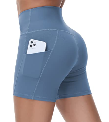 Women's Cross Waist Workout Shorts Tummy Control Spandex Athletic Biker Shorts with Deep Pockets Black