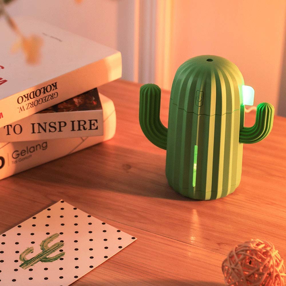 YINGJEE Mini Humidifier Single Room Humidifiers with Night Light Portable Cactus Air humidifier for for Yoga, Office, spa, Bedroom,Baby Room,Silica Gel Diffuser for tap Water only(Green)