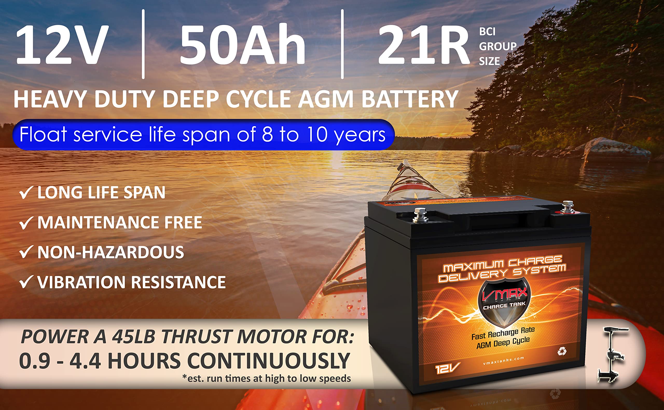 VMAX MR86-50 12V 50AH AGM Deep Cycle Battery (7.8"Lx6.6"Wx6.7"H) compatible with MotorGuide R3-45 Hand Control Transom Mount - 09MT- 45lbs Trolling Motor