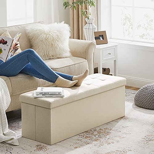 SONGMICS 43 Inches Folding Storage Ottoman Bench, Storage Chest, Foot Rest Stool, Bedroom Bench with Storage, Beige ULSF77BE