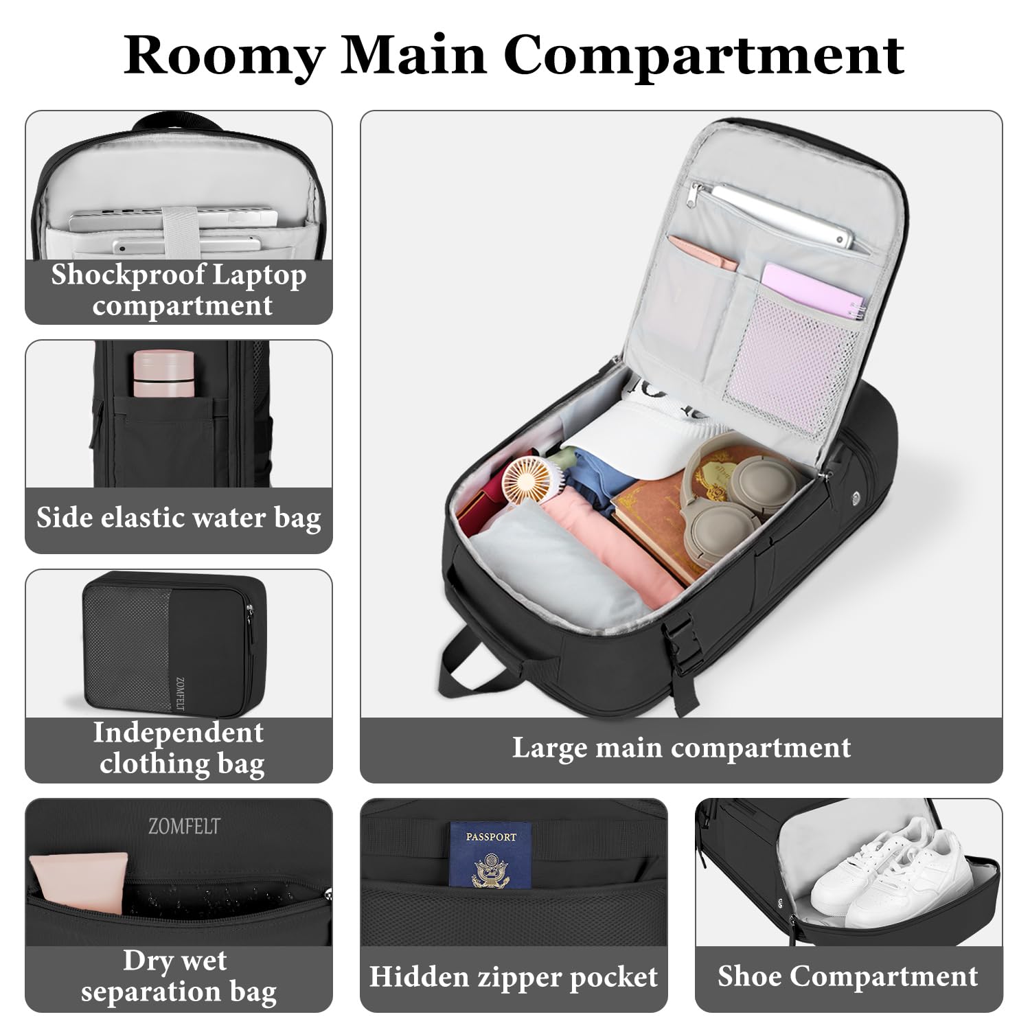 ZOMFELT Travel Backpack, Carry on Backpack Flight Approved with Shoes Compartment, 17.3 Inch Laptop Backpack with USB Charging Port, Waterproof Hiking Backpack Casual Bag for College Travel Work,Black