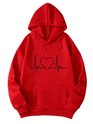 SweatyRocks Women's Graphic Long Sleeve Thermal Hoodie Kangaroo Pocket Drawstring Sweatshirt Red Heart M
