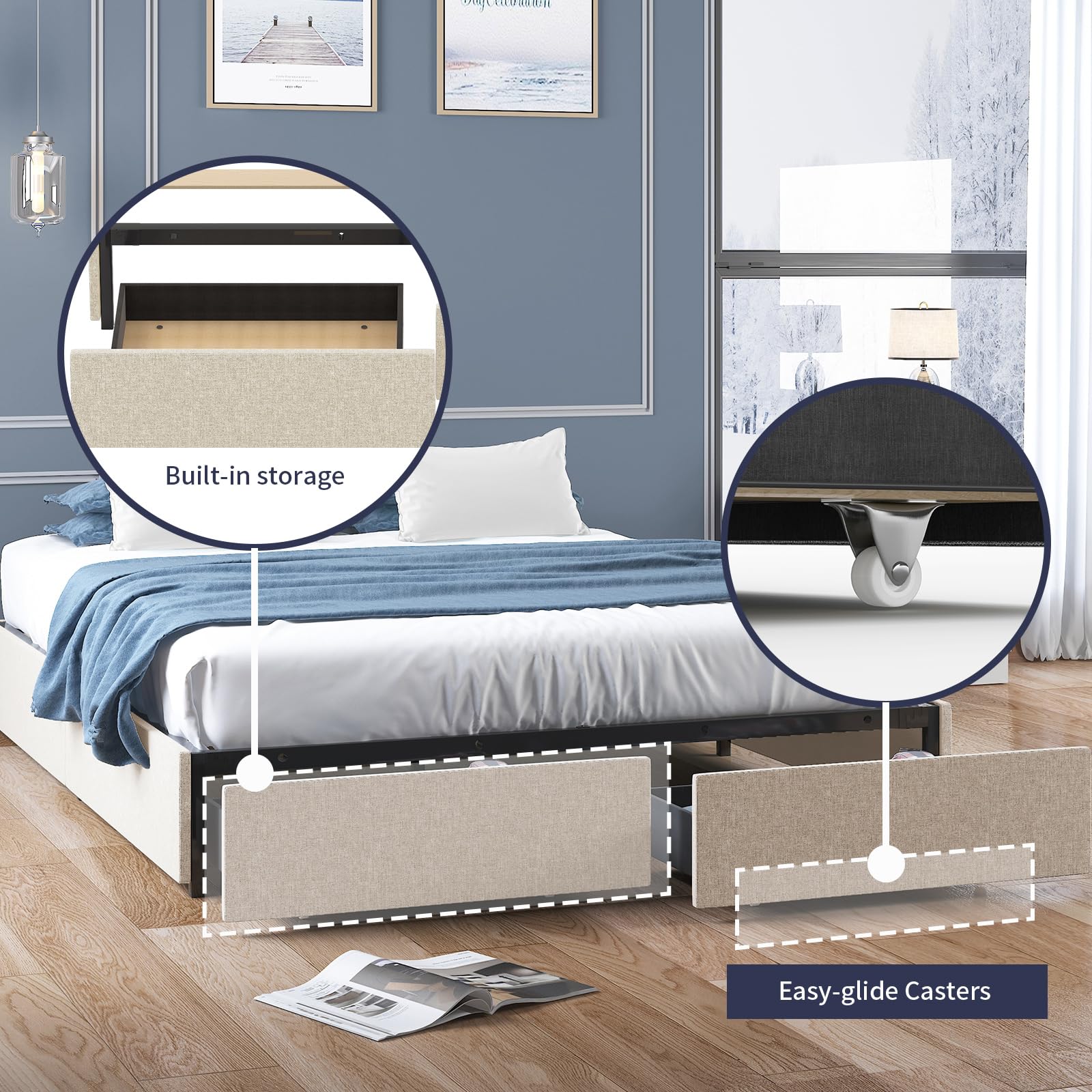 ZAFLY Cal King Size Bed Frame with Storage Drawers, Wood Slat Support Bed Frame, Linen Fabric Upholstered Platform Bed, Bed Frame with Large Storage Space Beige