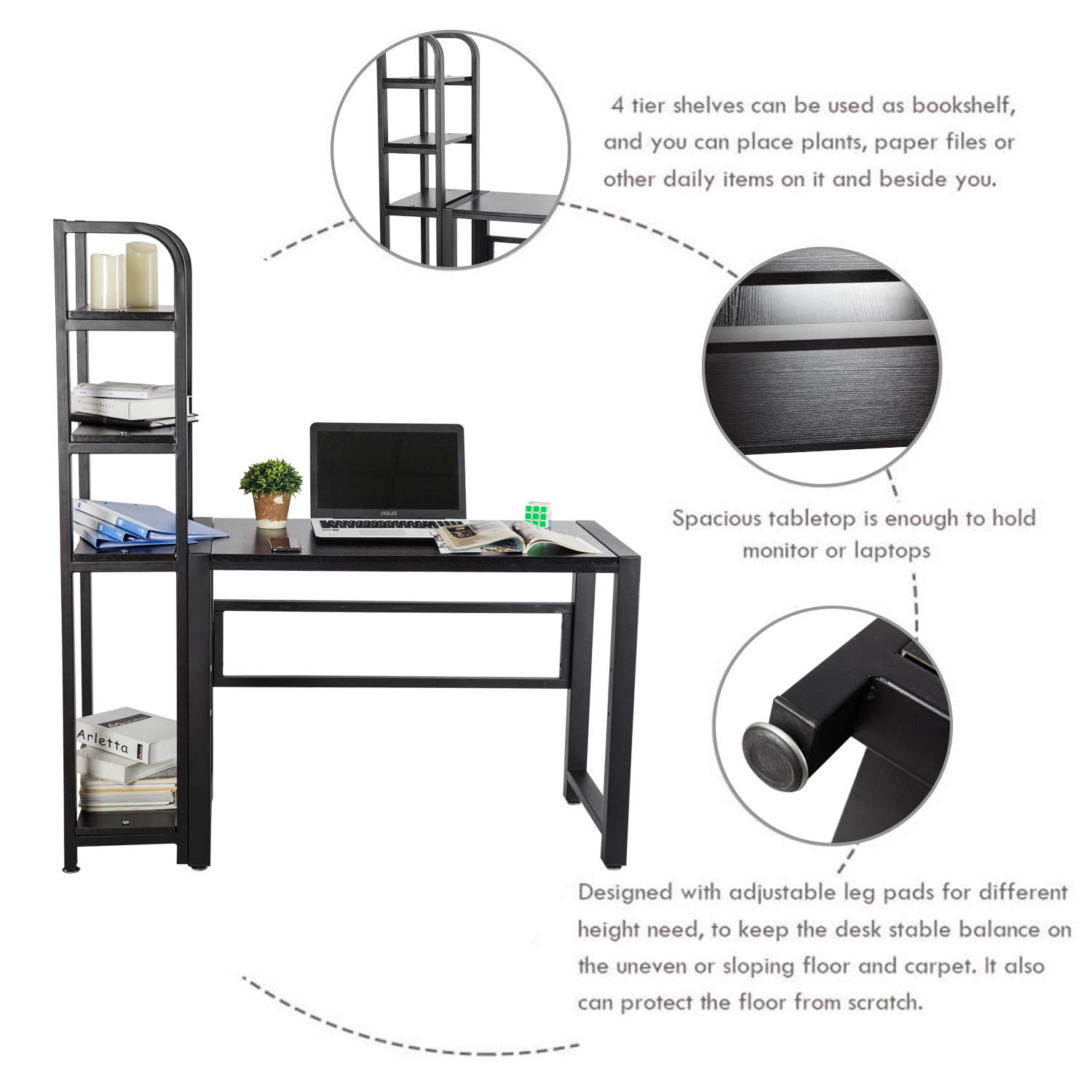 Zhanrui Computer Desk with 4 Tier Storage Shelves Modern Large Office Desk Computer Table Multi Level Writing Study Table with Bookshelf and Tower Shelf for Home Office Workstation,Black