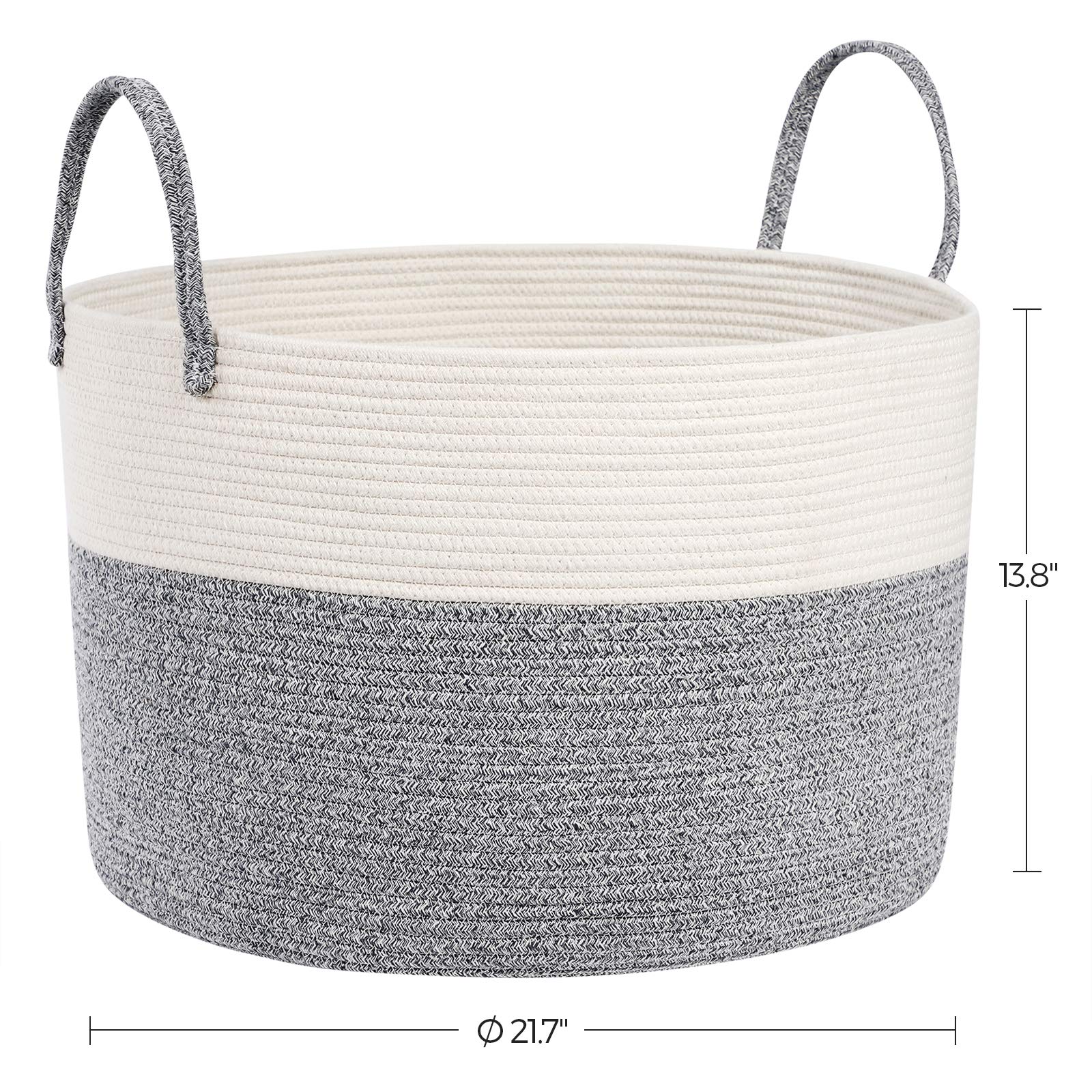 SONGMICS Cotton Rope Basket Storage with Handles, Laundry Hamper for Clothes, Blankets, Living Room, Bedroom, Gray + Beige