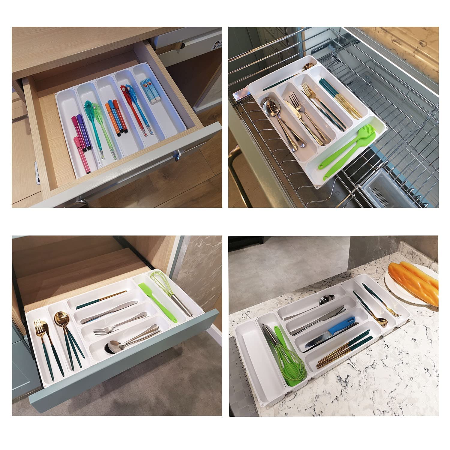 TUNGTAR Custom silverware drawer tray16'' expandable utensil holder tray for drawer utensil organizer kitchen Flatware Storage Drawer Dividers Holder 6in1 (White, Large),10.25 * 15.5'' 6IN1