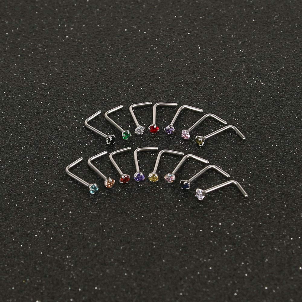 ZS 8-14PCS 20g Tiny Nose Stud Ring Piercing Surgical Steel Nose Bone/L Shaped/Nose Screws Rings Set (14pcs L Shaped Style(Mixed Color))