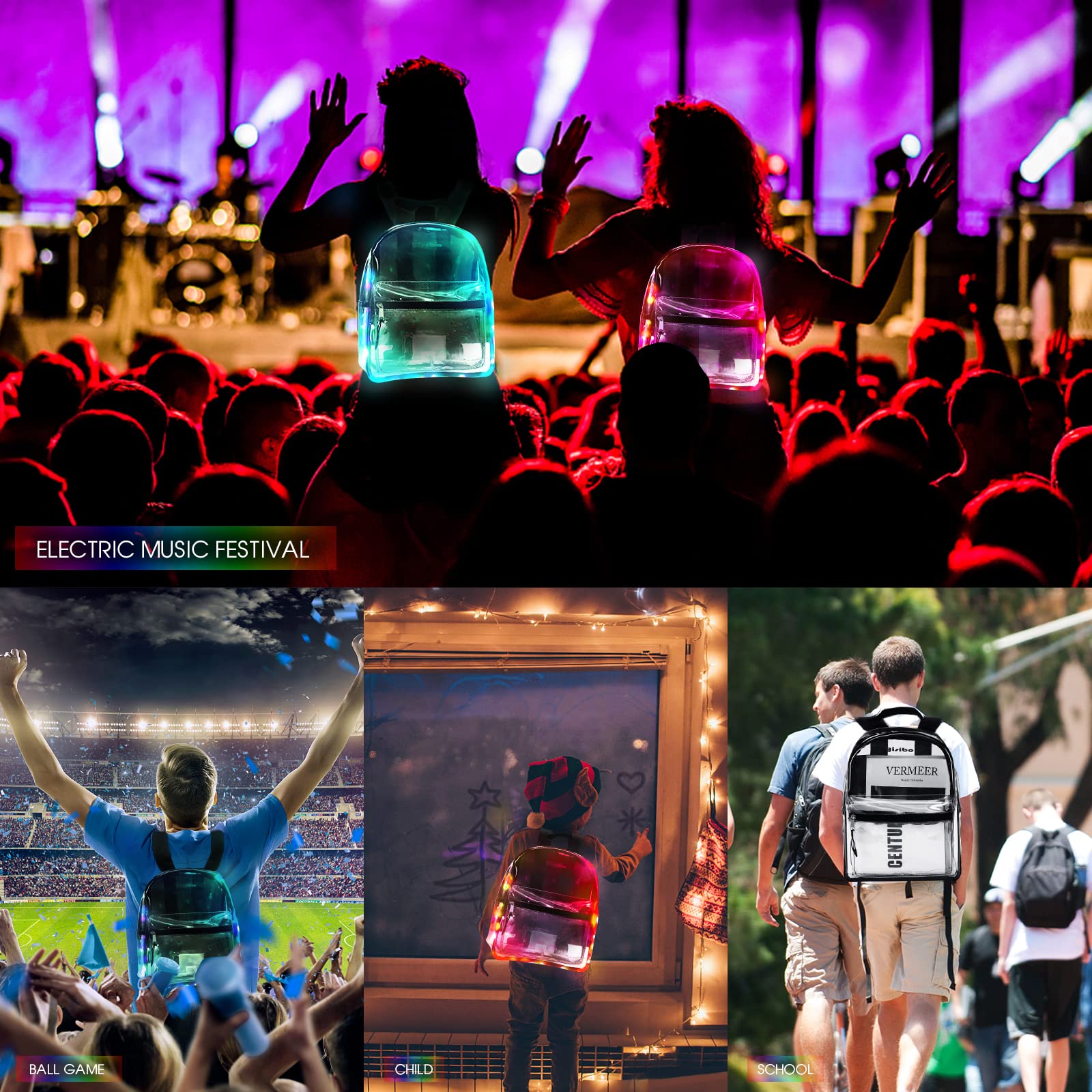 yisibo LED Strip Lights Clear Backpack,8 RGB Colors with 10 Flashing Mode,4 Music Mode and 4 Timer,TPU Transparent Waterproof Heavy Duty See Through Backpack for School,Music Festival,Stadium Approved
