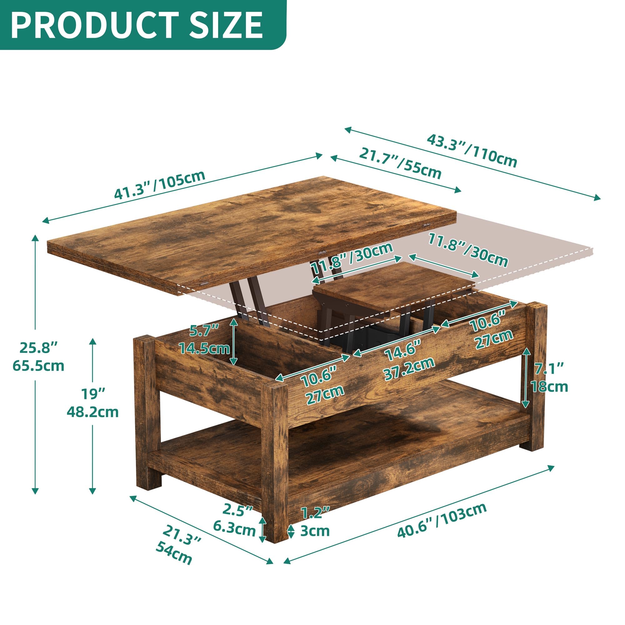 YITAHOME Lift Top Coffee Table, 3 in 1 Multi-Function Coffee Tables with Storage for Living Room, Farmhouse Modern Dining Table for Small Reception Room/Home Office,Rustic Brown