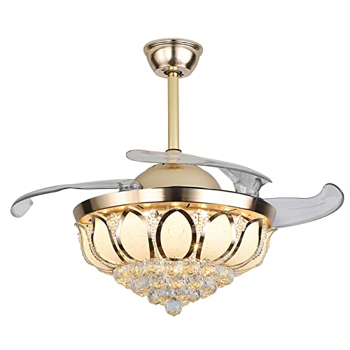 TBVECHI 42" Crystal Ceiling Fan Light with Remote Control Retractable Blade LED Chandelier 3 Colors Dimmable Pendant Lamp for Living Room Bedroom Basement Kitchen