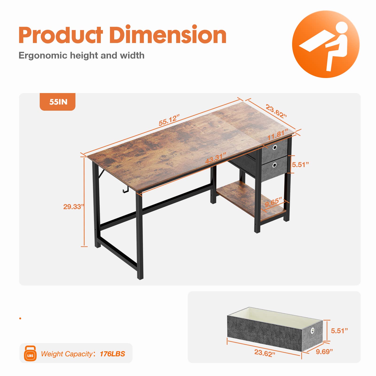 Sweetcrispy Computer Desk with Drawers 55 Inch Home Office Desk Writing Desk Work Desk PC Table Study Desk with 2-Tier Drawers Storage Shelf Side Hook, Modern Style Large Wood for Bedroom, Gaming