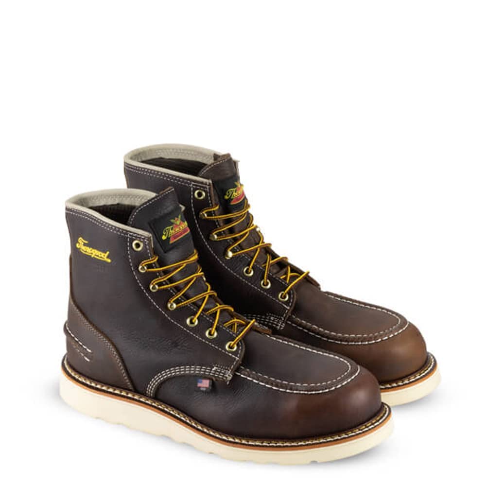Thorogood 1957 Series 6” Waterproof Moc Toe Work Boots for Men - Soft Toe, Full-Grain Leather with Slip-Resistant Wedge Outsole and Shock-Absorbing Footbed, Briar Pitstop - 12 D US