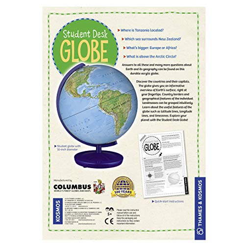 Thames & Kosmos Student Desk Globe, 10" Diameter Acrylic Globe with Geopolitical Boundaries, Made in Germany by Columbus, World's Finest Globes & Maps