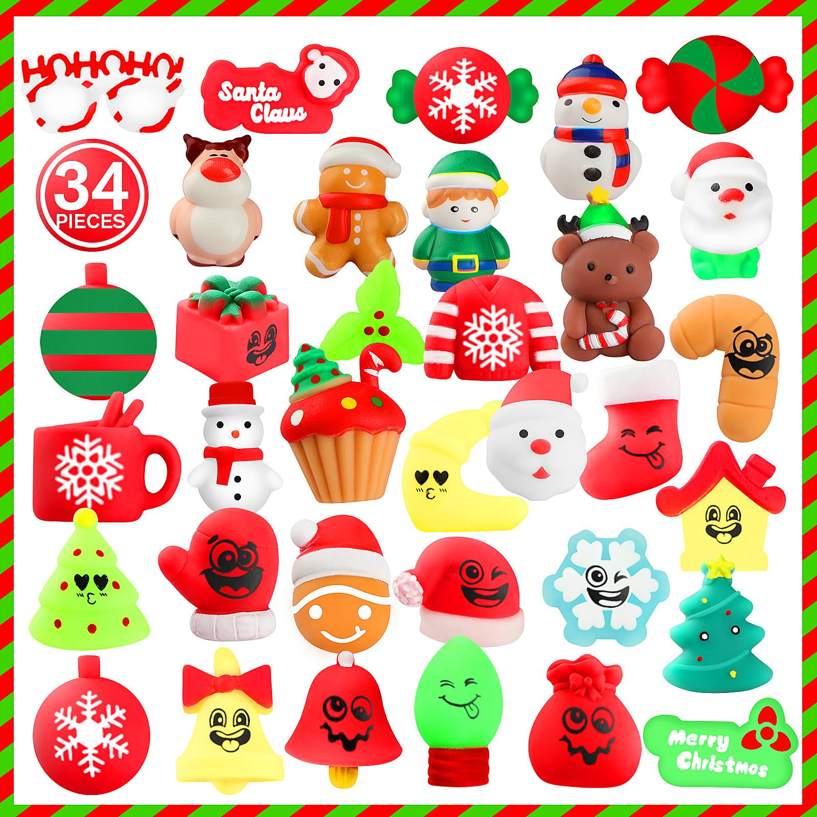 VNAMO Christmas Squishy Toys, 34 PCS Squishies Christmas Party Favors for Kids Boys Girls, Mochi Kawaii Squishy Stress Reliever Anxiety Toys, Classroom Prize Bulk Gifts for Christmas Treat Goody Bags