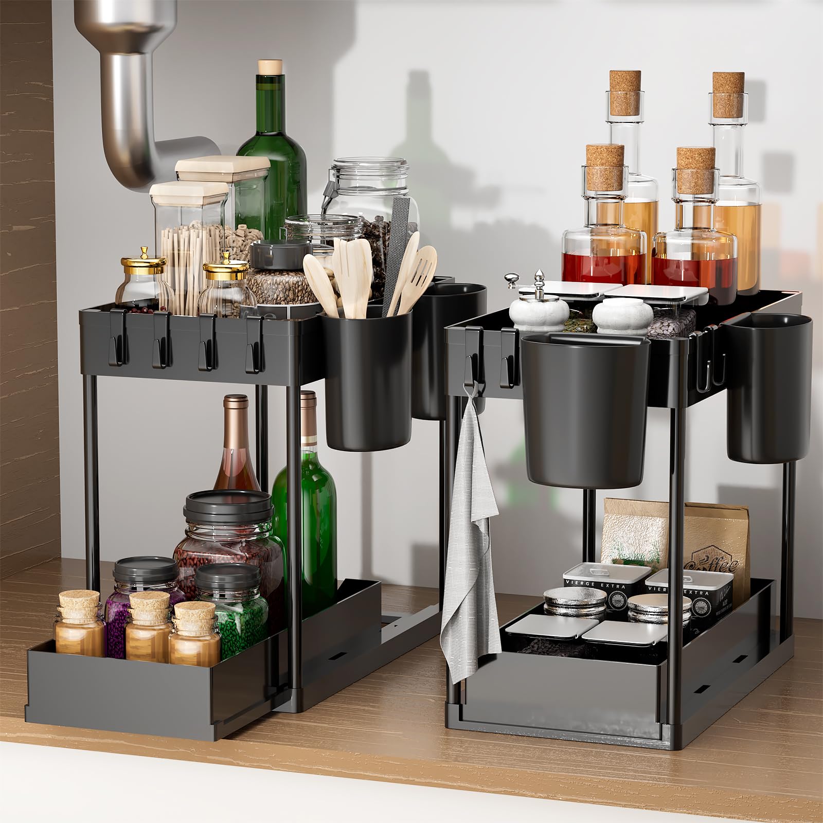 TCHCWYS Under Sink Organizers and Storage 2 Pack, 2 Tier Sliding Under Sink Organizer with Hooks and Hanging Cups Large Size, Multi-Purpose Bathroom Storage, Cabinet Organizer for Home Organization