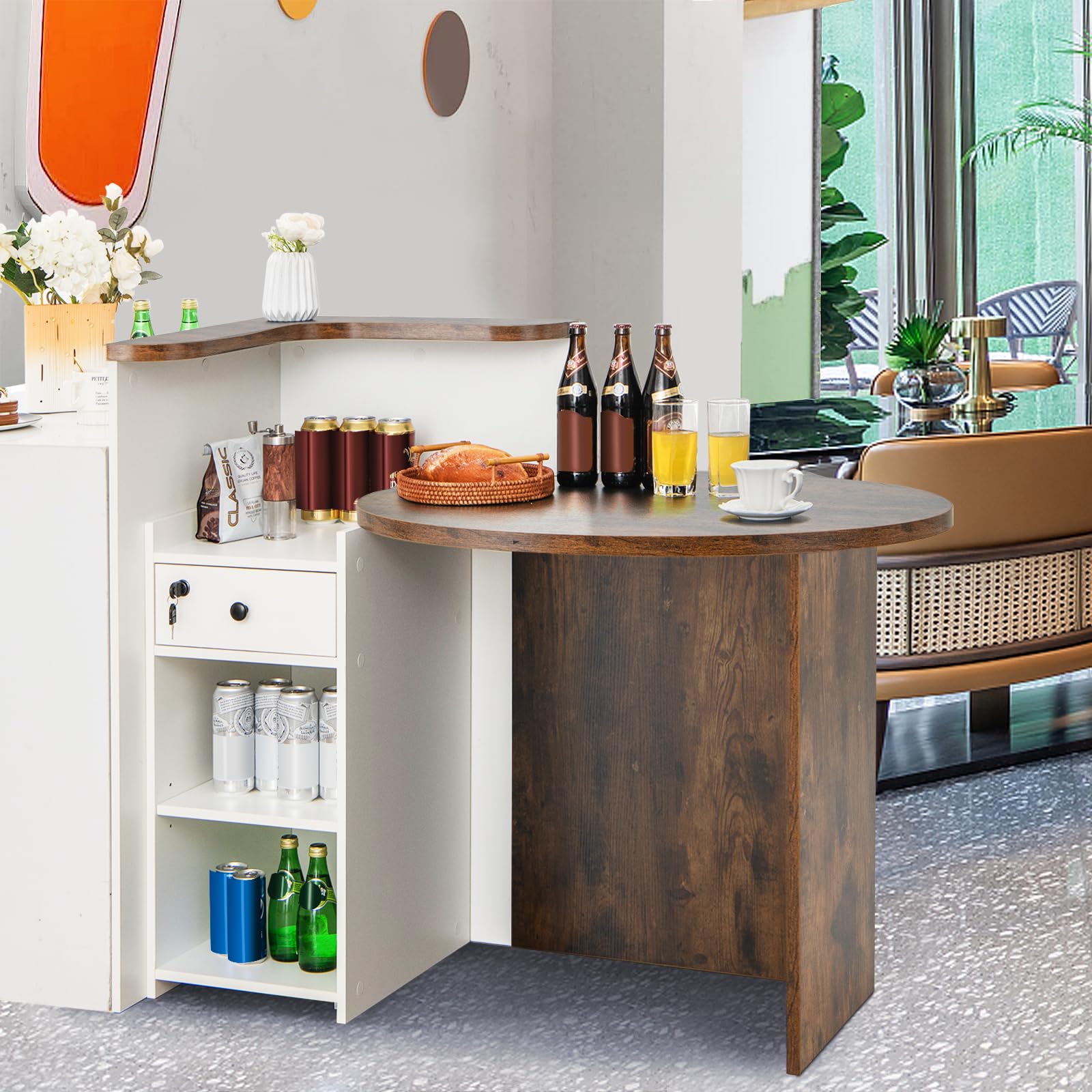 Tangkula Reception Desk, Front Counter Desk with Lockable Drawer & Adjustable Shelf, Oval Desktop, Retail Counter for Checkout, Computer Workstation for Salon Lobby Office, Home Office Desk