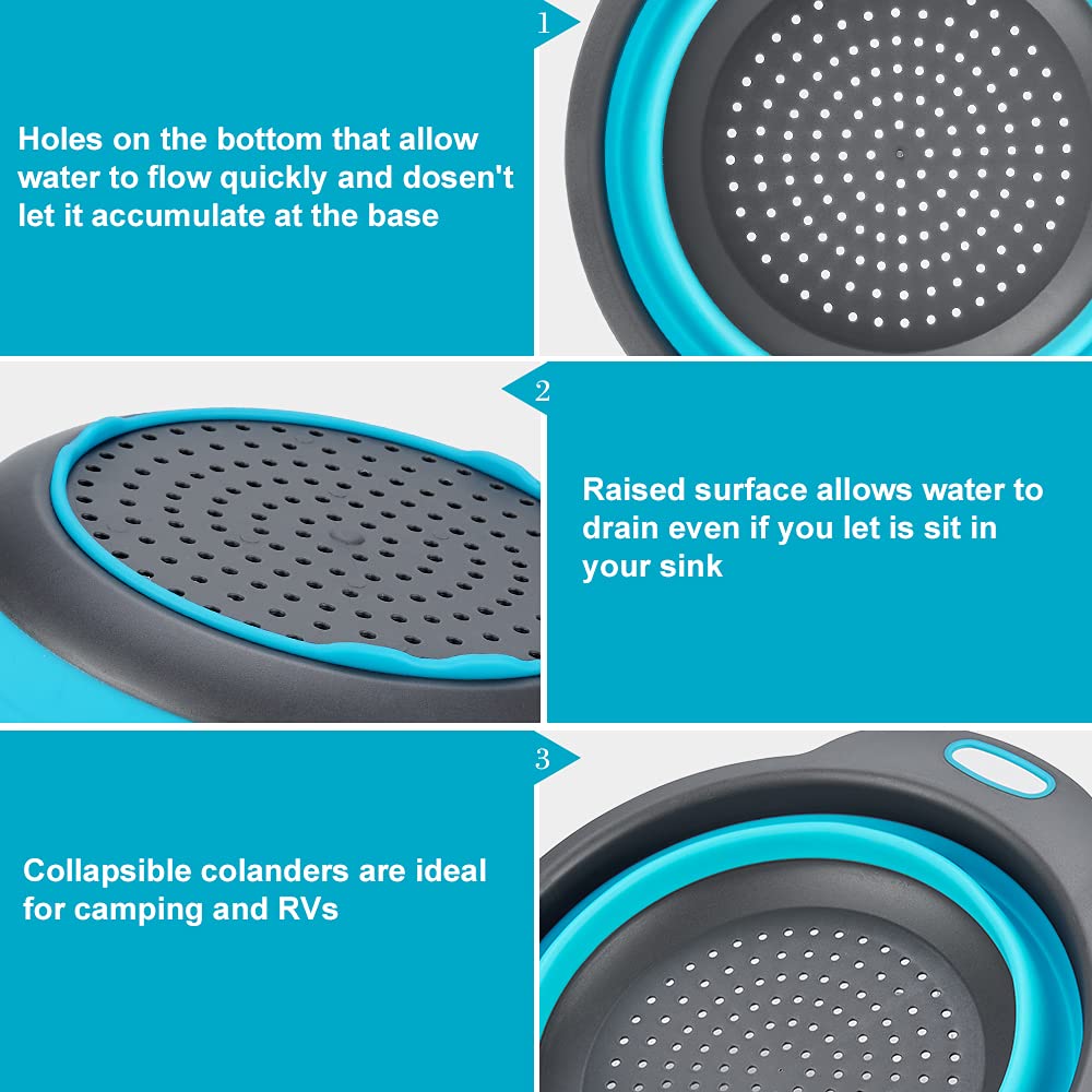 zoopod Collapsible Colander Basket 2 of Set,Vegetables Fruit Washing Basket Drain Tool,Small & Big Size Silicone Telescopic Colander with Handle For Kitchen/Home/Restaurant Round Shape 3 Color(Blue)