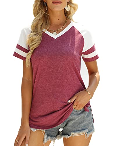 Womens V Neck Summer T-Shirts Casual Short Sleeve Tops Loose Fit Shirts Blouse Plum