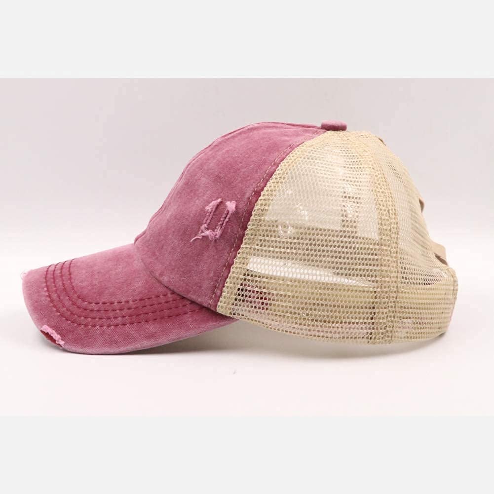 Womens Washed Distressed Cotton Baseball Caps High Messy Bun Ponytail Unconstructed Dad Hats Girls Sun Hat (10-Criss Wine)