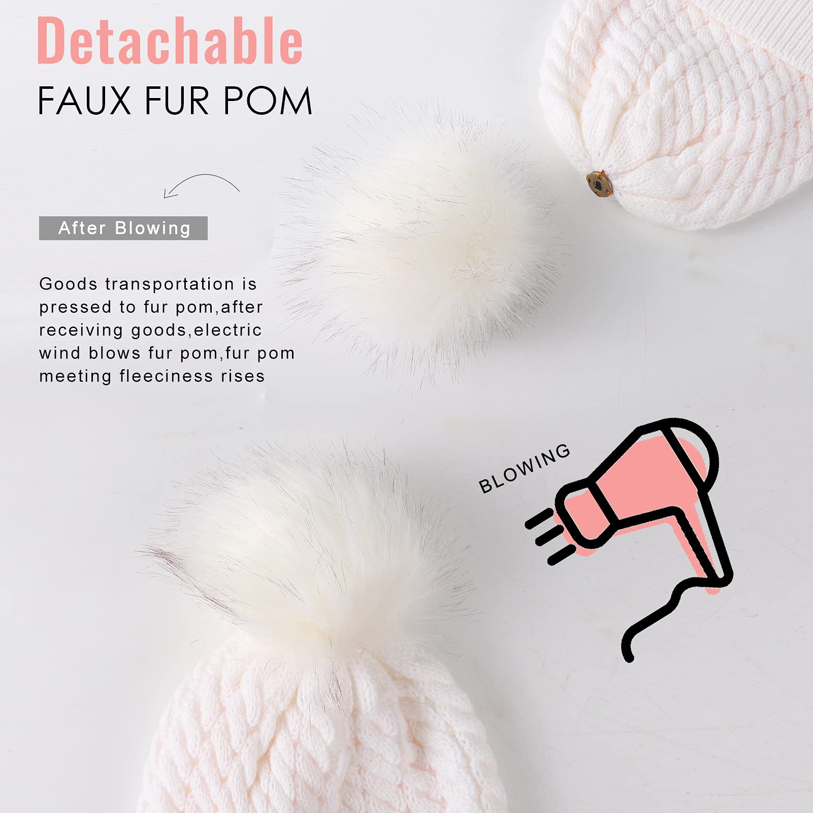 Womens Winter Satin Lined Beanie Hat Cuffed Cable Knit Detachable Faux Fur Pompom Silky Lined Warm Cap White