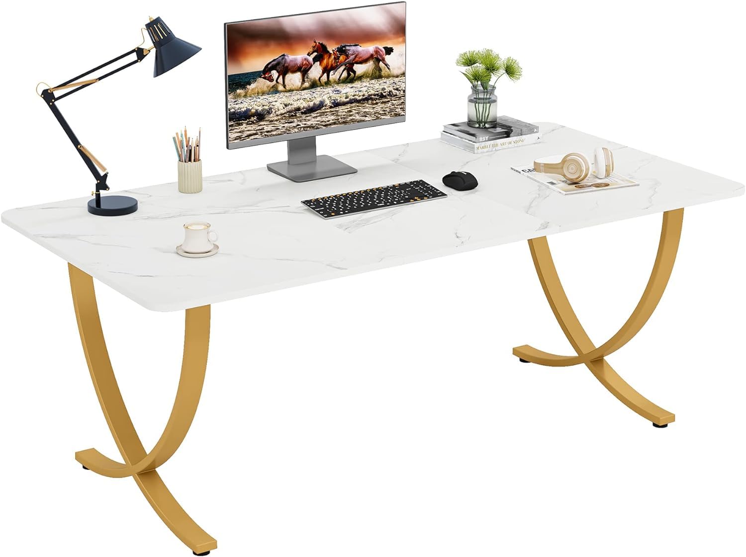 Tribesigns Executive Desk, 63β W x 31.5β D Large Office Desk, Modern Computer Desk Conference Table Meeting Room Table, Business Furniture for Home Office, White and Gold