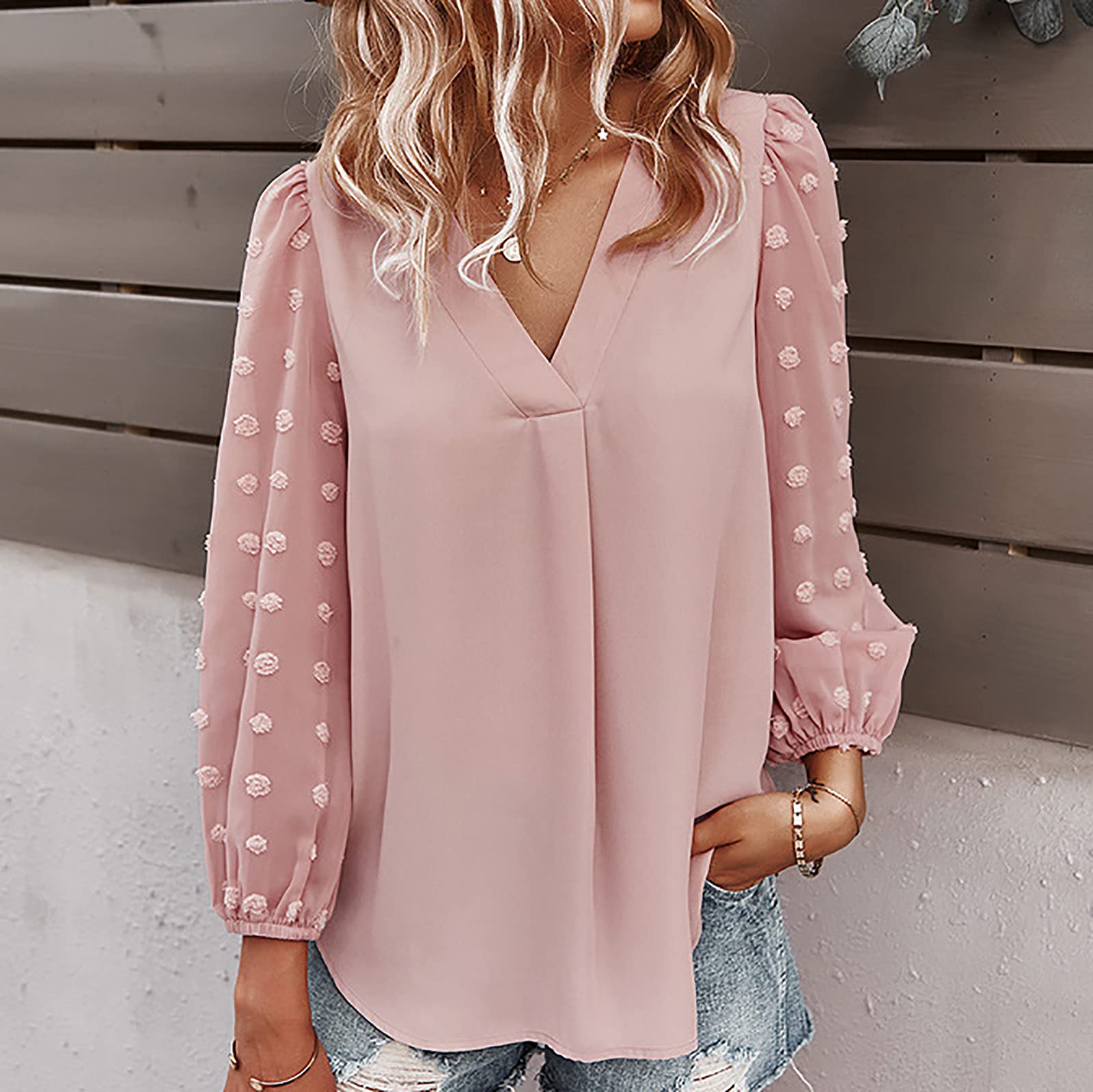 Wondere Summer Solid Color Tops Womens Chiffon Tunic V Neck Shirt Long Sleeve Tees Casual Polka Dot Blouse (XL, Pink)