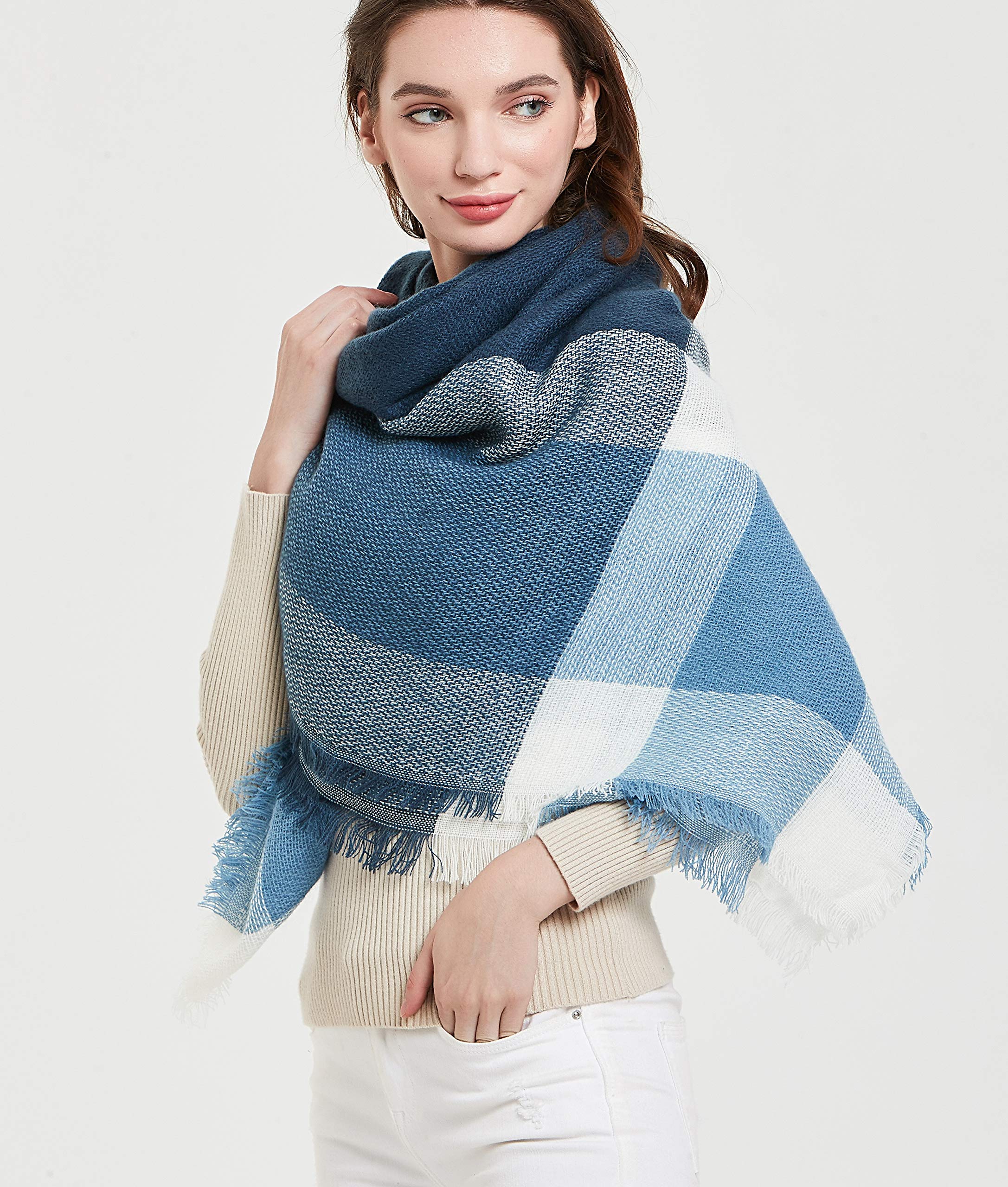 Wander Agio Womens Warm Blanket Scarf Square Winter Shawls Infinity Scarves Stripe Plaid Blue Navy Cyan 2