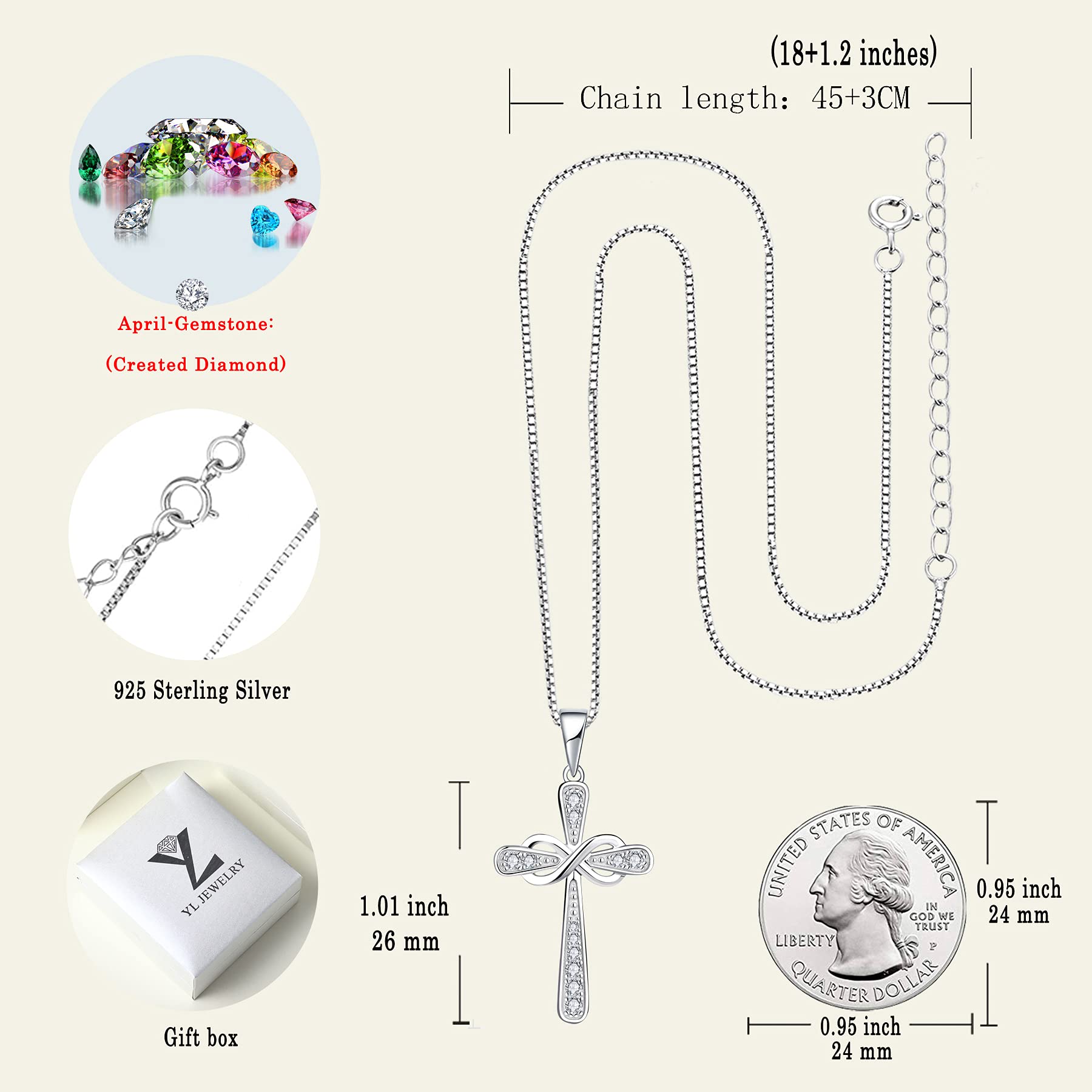 YL Women's Cross Necklace Sterling Silver Infinity Crucifix Pendant Cubic Zirconia Criss Jewelry