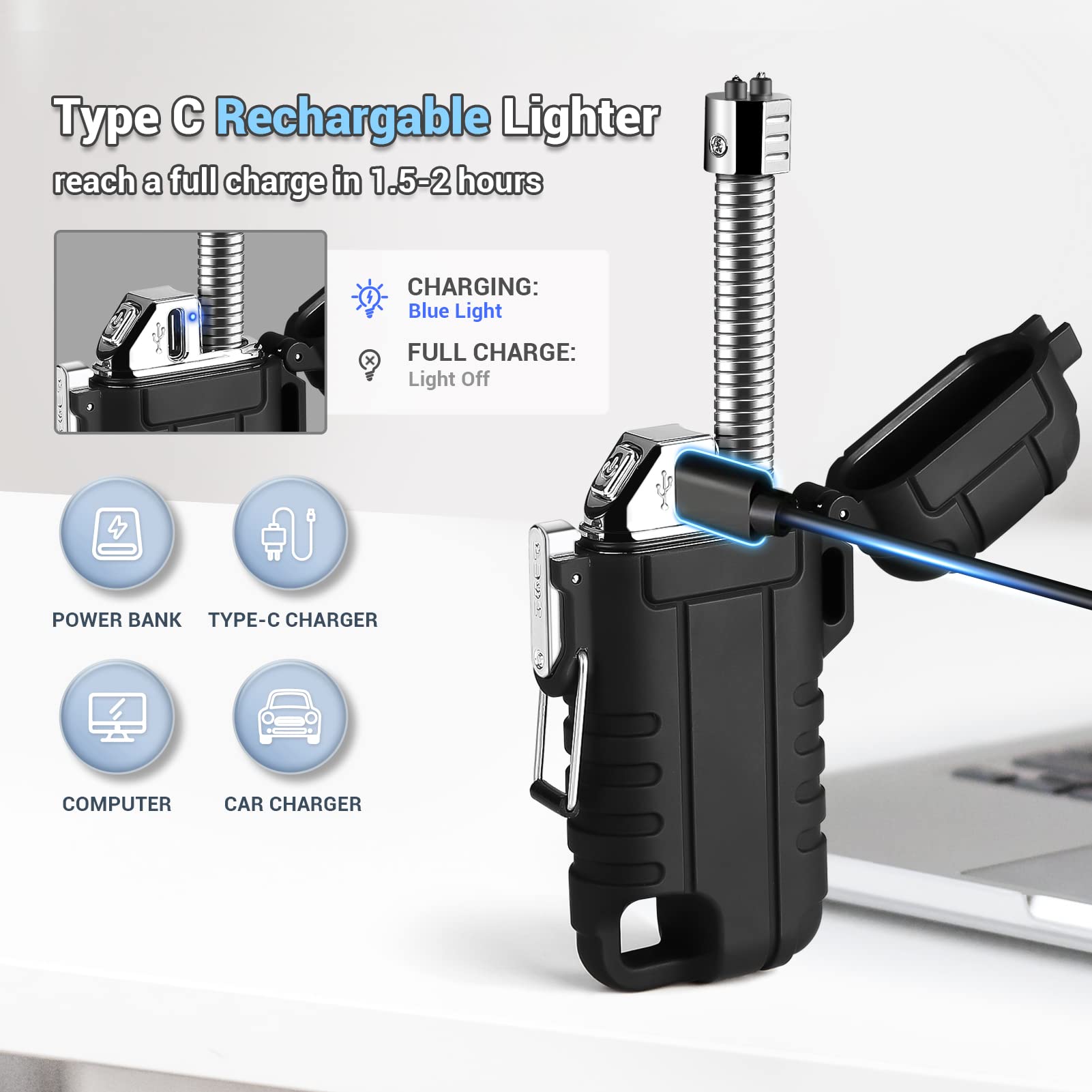 SOMGEM Rechargeable Electric Lighter with 360° Flexible Long Neck for Candle Grill, Waterproof USB Arc Lighters with Lanyard and Hanging Hole, Windproof Plasma Flameless Lighter for Outdoor & Kitchen