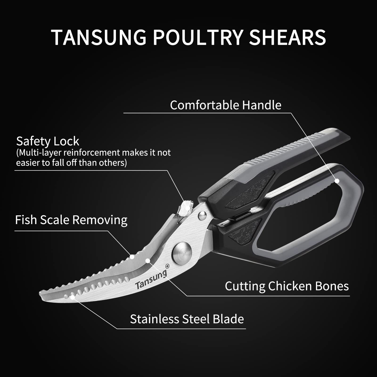 TANSUNG Poultry Shears, Heavy Duty Kitchen Scissors for Cutting Chicken, Poultry, Game, Bone, Meat, Anti-rust Kitchen Shears with Ergonomic Grip Handles