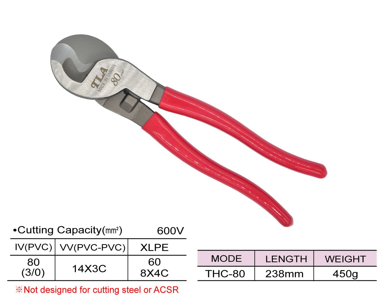TLA Teleantool THC-80 Cable Cutters for Copper and Aluminum Cables Up to 3/0, 80 Square Millimeters