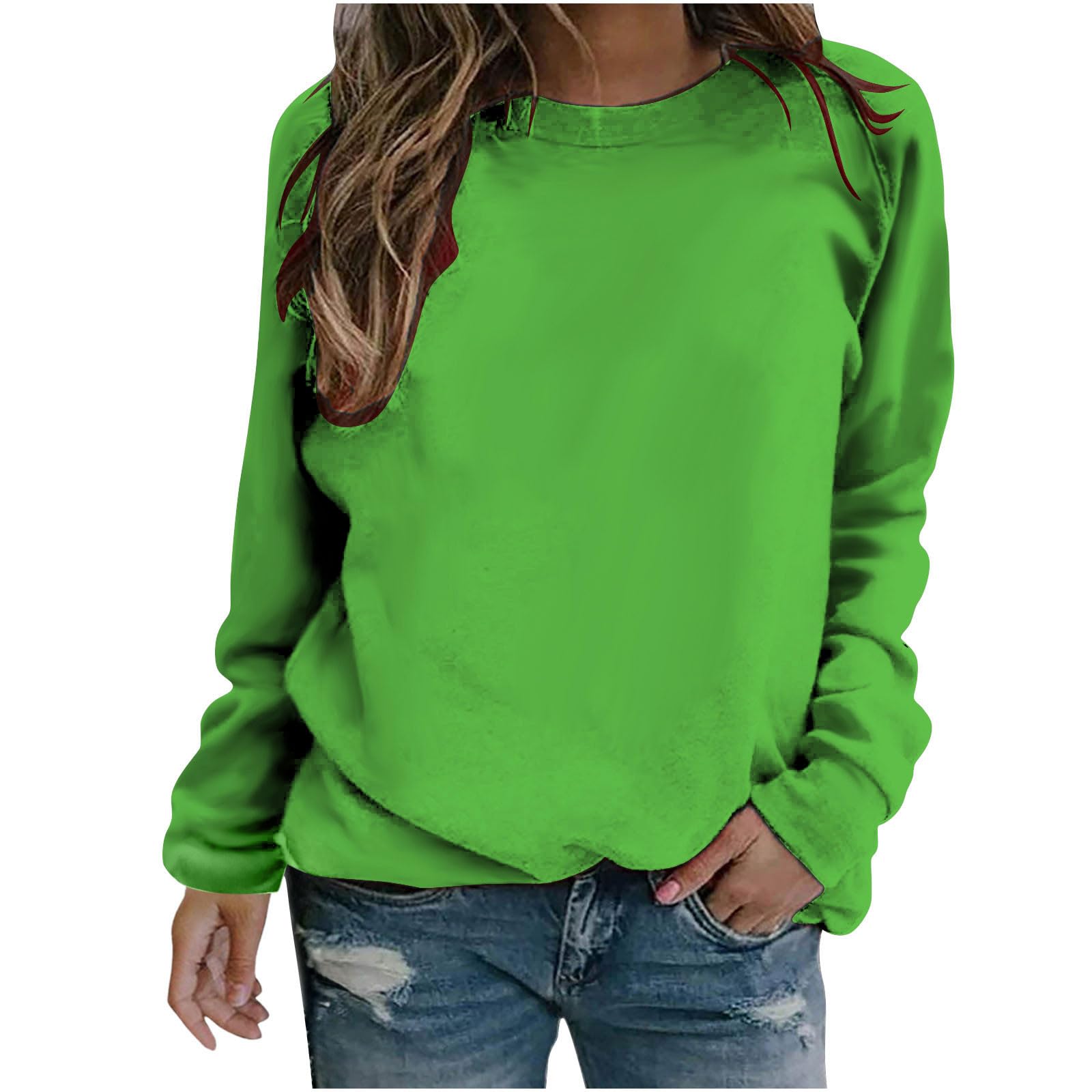 ZDRZK lightning deals of today zip up hoodies for women oversized Sweatshirt For Women Trendy 2023 Casual Solid Color Basic Pullover Tops Long Sleeve Crewneck Sweatshirts Regular Fit Green M