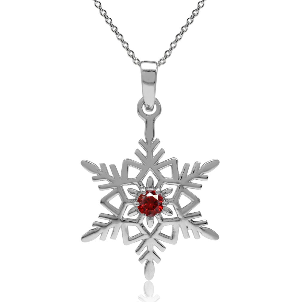 Silvershake Garnet Red Cubic Zirconia 925 Sterling Silver Snowflake Pendant with 18 Inch Chain Necklace