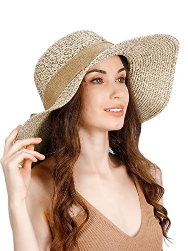 Womens Beach Straw Sun Hat: Large Ladies Foldable & Packable Floppy Hats with Wide Brim-UPF 50 UV Protection Summer Sunhat (Mixed Coffee)