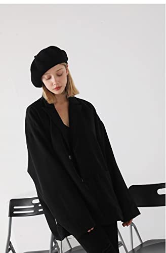 Women French Wool Beret Hats - Solid Color Classic Beanie Winter Cap (Black)