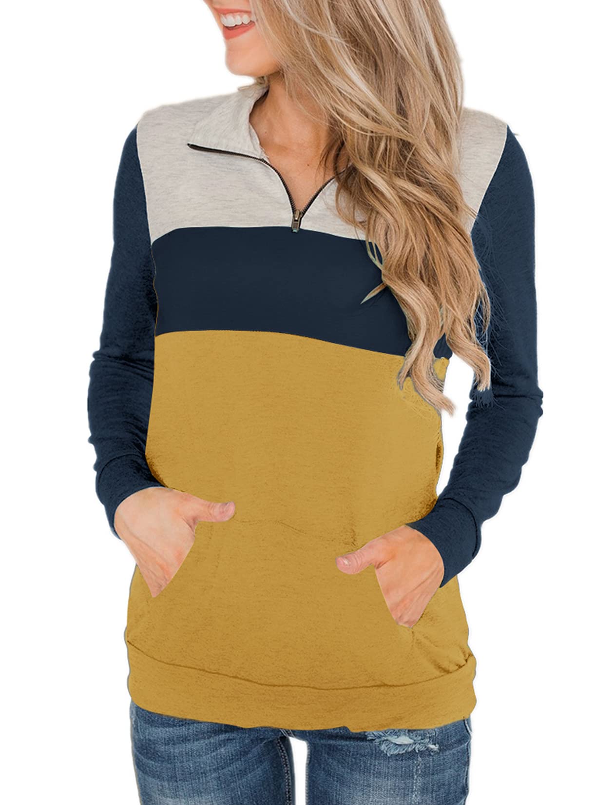 Uincloset Women's Casual Triple Color Block Long Sleeve 1/4 Zip Pullover Loose Lightweight Tops Sweatshirts with Pocket