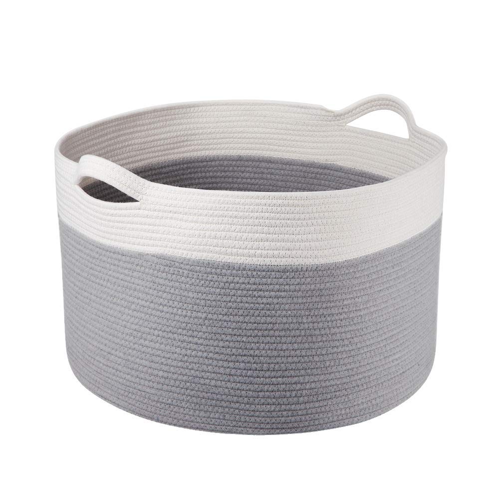 Zilink Large Blanket Basket for Living Room 21.7" x 13.8" Rope Woven Baskets for Storage Decorative Toy Basket for Organizing with Carry Handles, Grey White