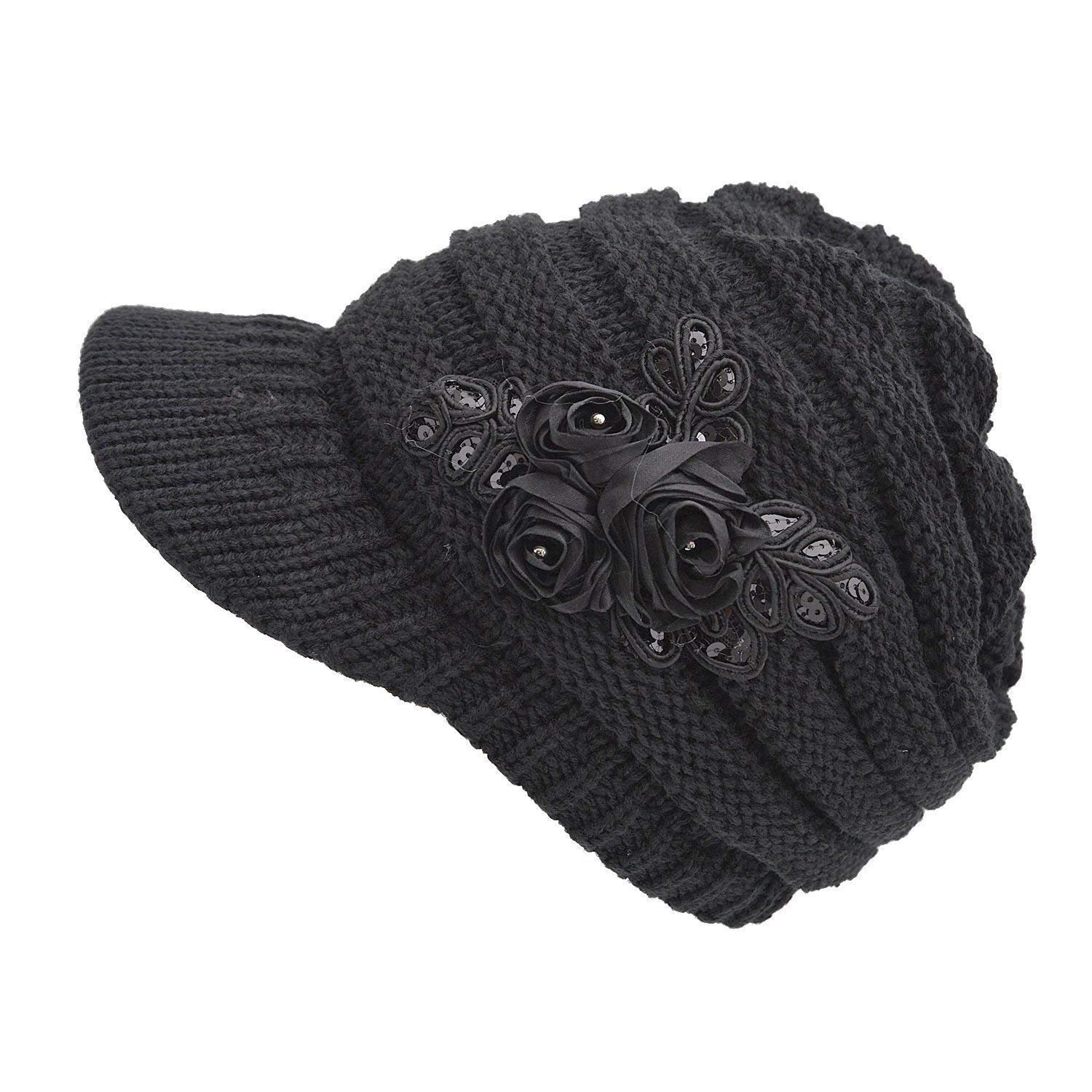YSense Womens Hats Winter Beanie with Brim Warm Cable Knit Newsboy Cap Visor with Sequined Flowerisor/ Flower,A-Black