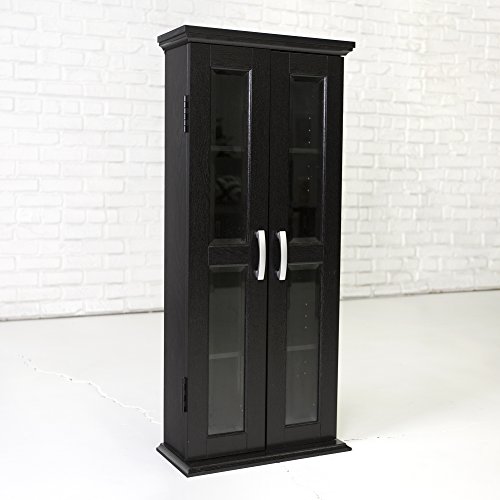 Walker Edison 4 Tier Shelf Living Room Storage Tall Bookshelf Cabinet Doors Home Office Tower Media Organizer, 41 Inch, Black