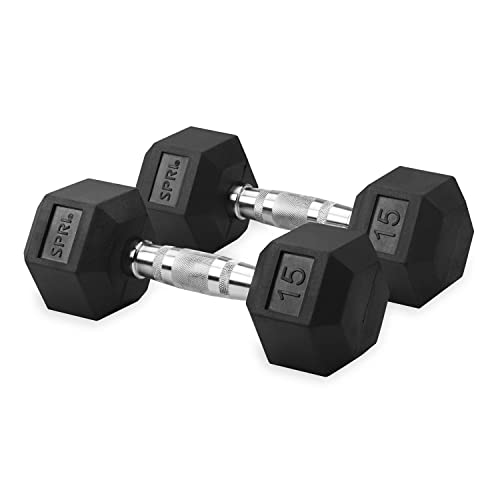 SPRI Dumbbells Deluxe Rubber Coated Hand Weights All-Purpose Color Coded Dumbbell for Strength Training (Set of 2) (15-Pound)