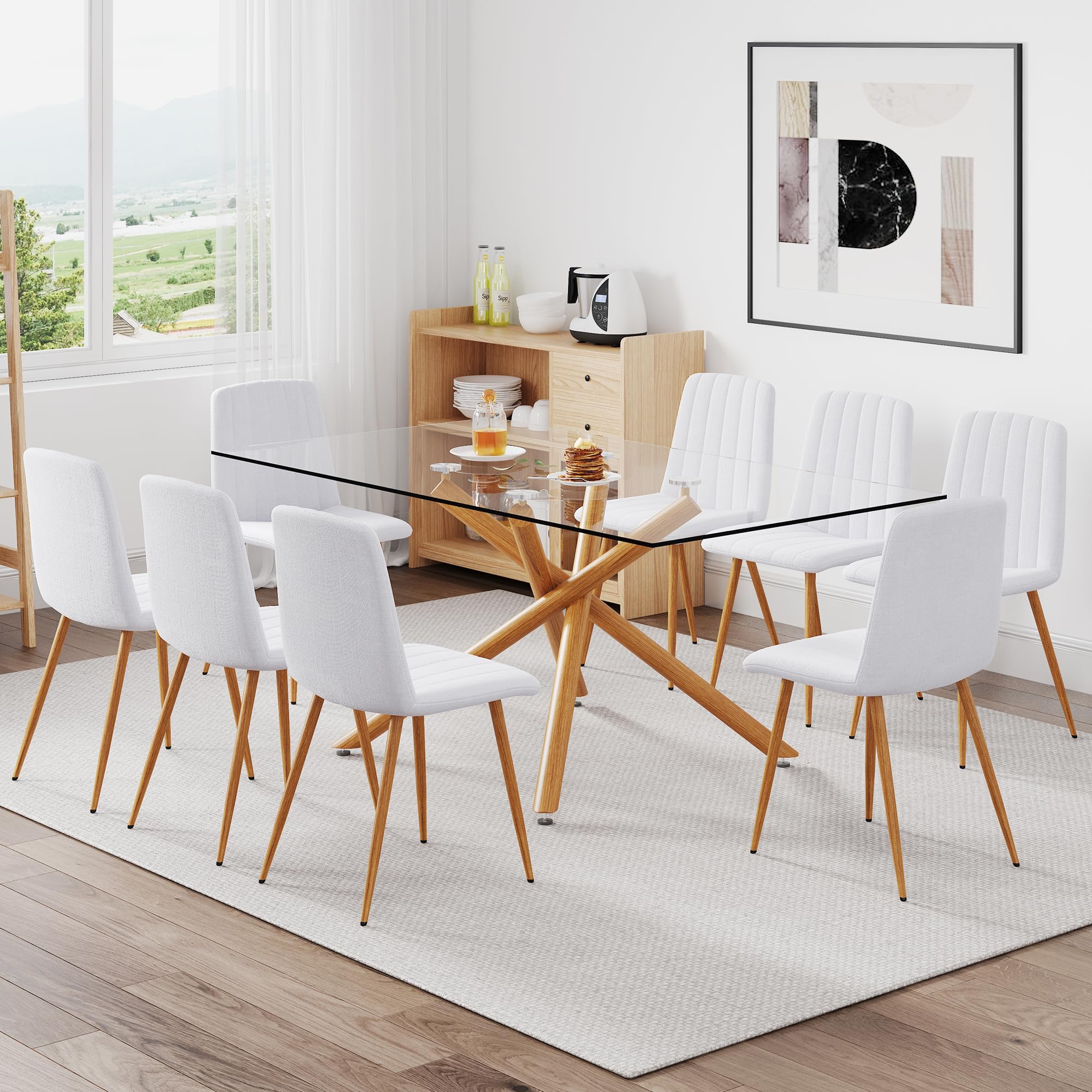 Vohuai Glass Dining Table Set for 4,Modern Glass Transparent Tabletop 5 Piece Dining Table Set，Clear Acrylic Chair Kitchen & Dining Room Sets,Plastic Cushion Small Dining Table Set for 4