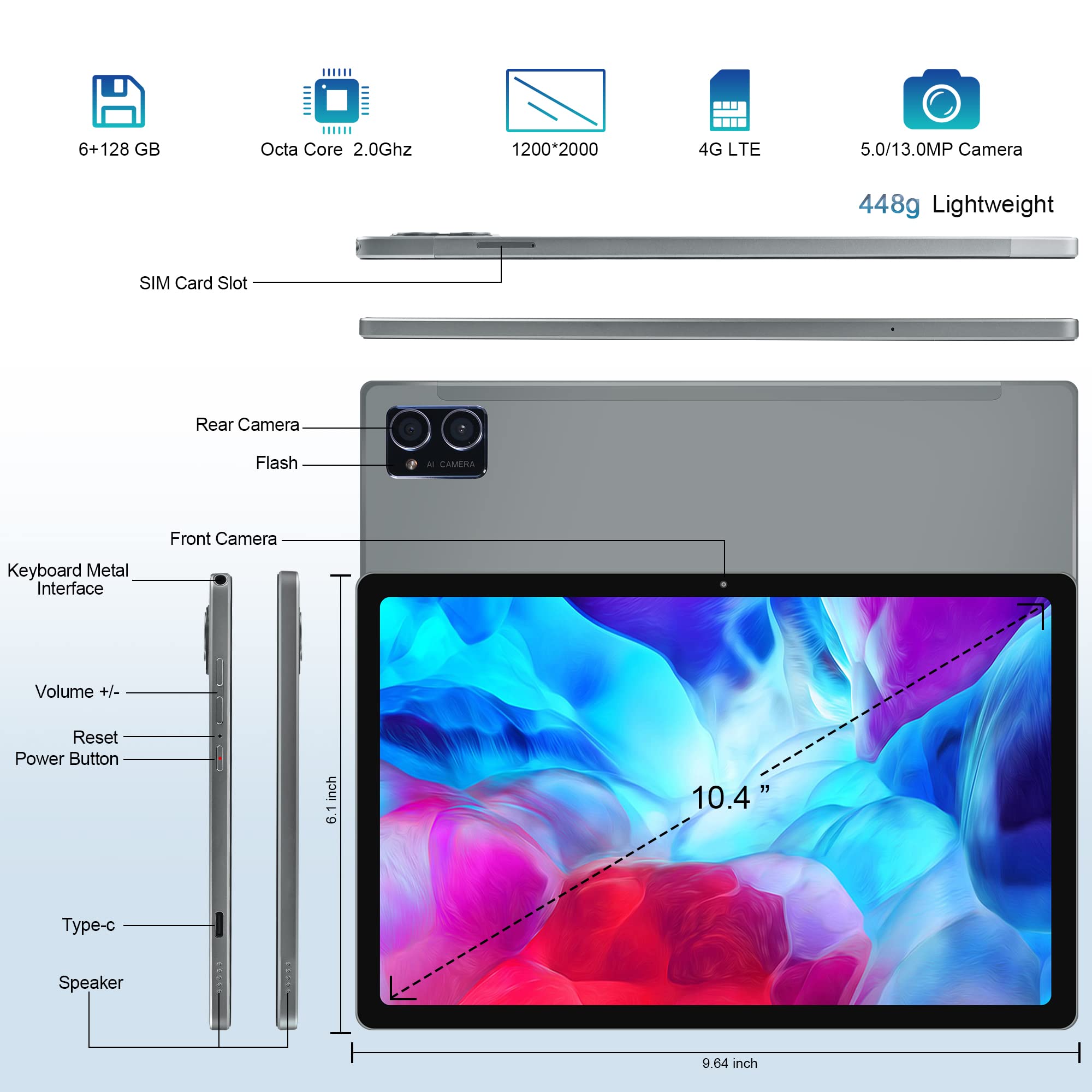 Veidoo Android Tablet 10.4 Inch, 6GB + 128GB Memory(Up to 2TB), 2K 1200 * 2000 FHD Screen, Octa-Core Processor, GPS, 2.4G/5G WiFi, Bluetooth 5.0, Dual Nano SIM Card 4G LTE Tablet (Gray)