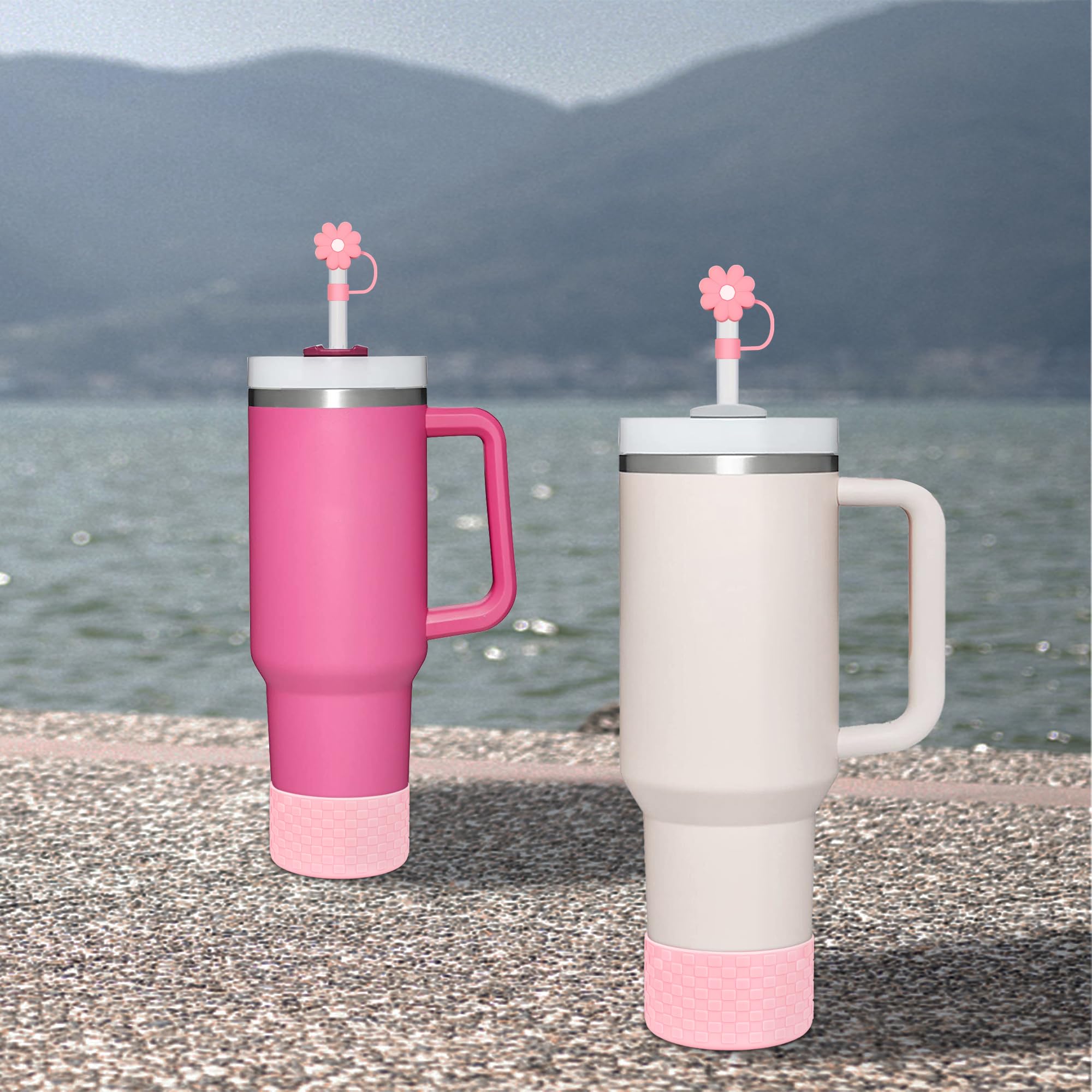 UBEEKOO Tumbler Cup Boot and Straw Covers Cap, Compatible with Stanley Tumbler 30/40oz, Including 1 Protective Silicone Boot and 1 Straw Toppers,Pink White Daisy 10mm