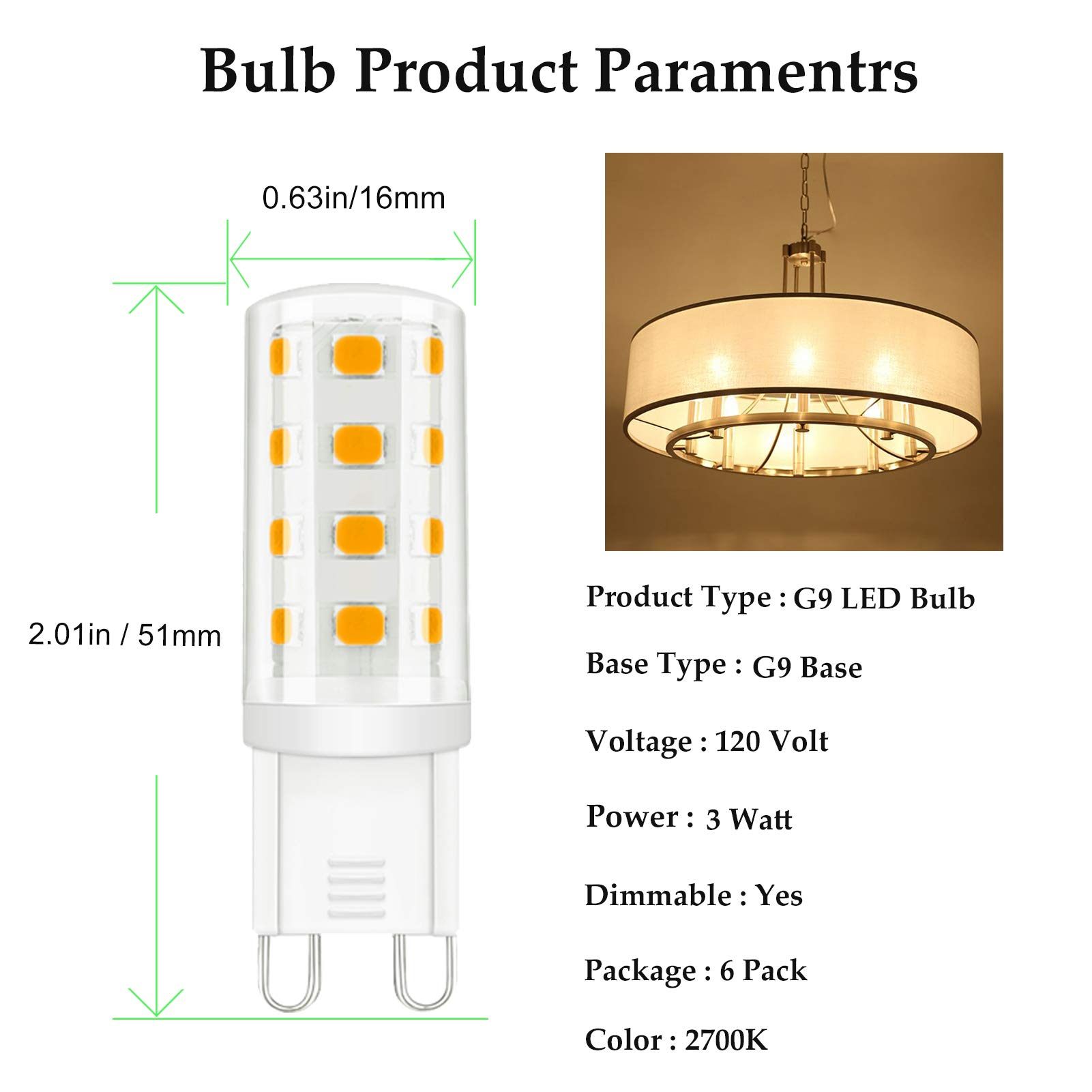 YMAM.LIGHT G9 LED Bulbs Bi Pin Base 3W Warm White 2700K - G9 Base Bulbs, 40W Halogen Equivalent, 380LM, G9 Chandelier Bulbs for Home Lighting, Pack of 12
